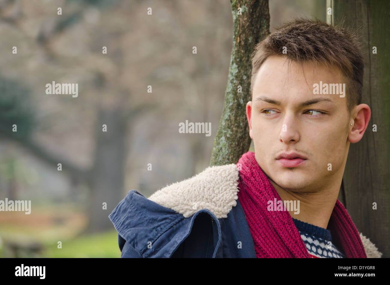 Attractive young male model outdoors in nature leaning on wood Stock ...