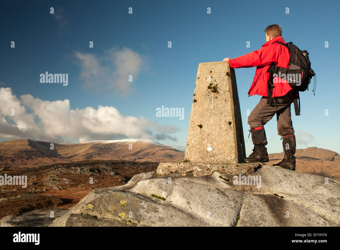 Galloway Hills, wild rugged winter landscape walker at the Trig Point ...