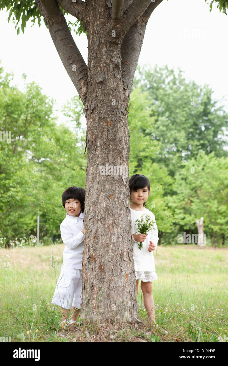 kids standing behind a tree Stock Photo - Alamy