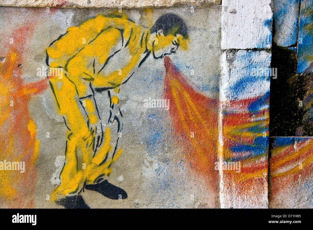 Bright colored vibrant urban graffiti street art of man vomiting on ...