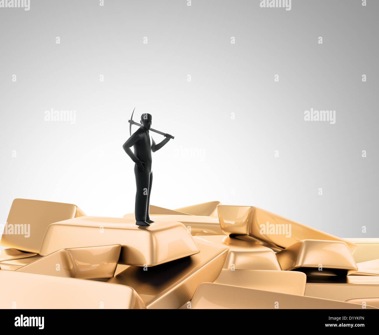 A tiny figure standing with a pickaxe on top of a pile of gold bars ...