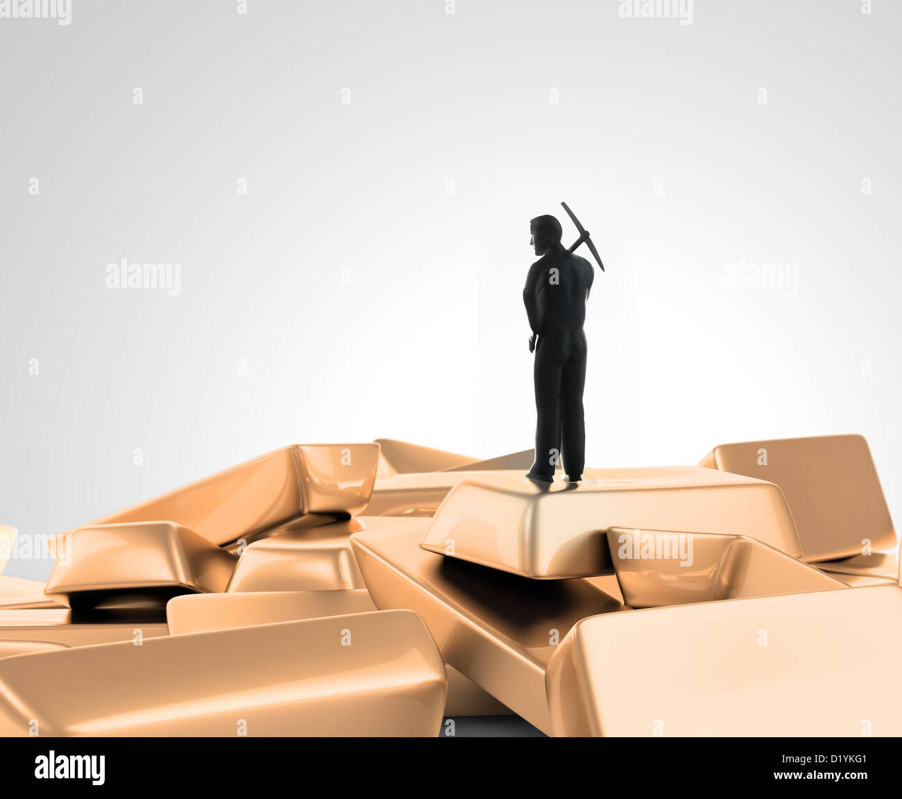 A tiny figure standing with a pickaxe on top of a pile of gold bars ...