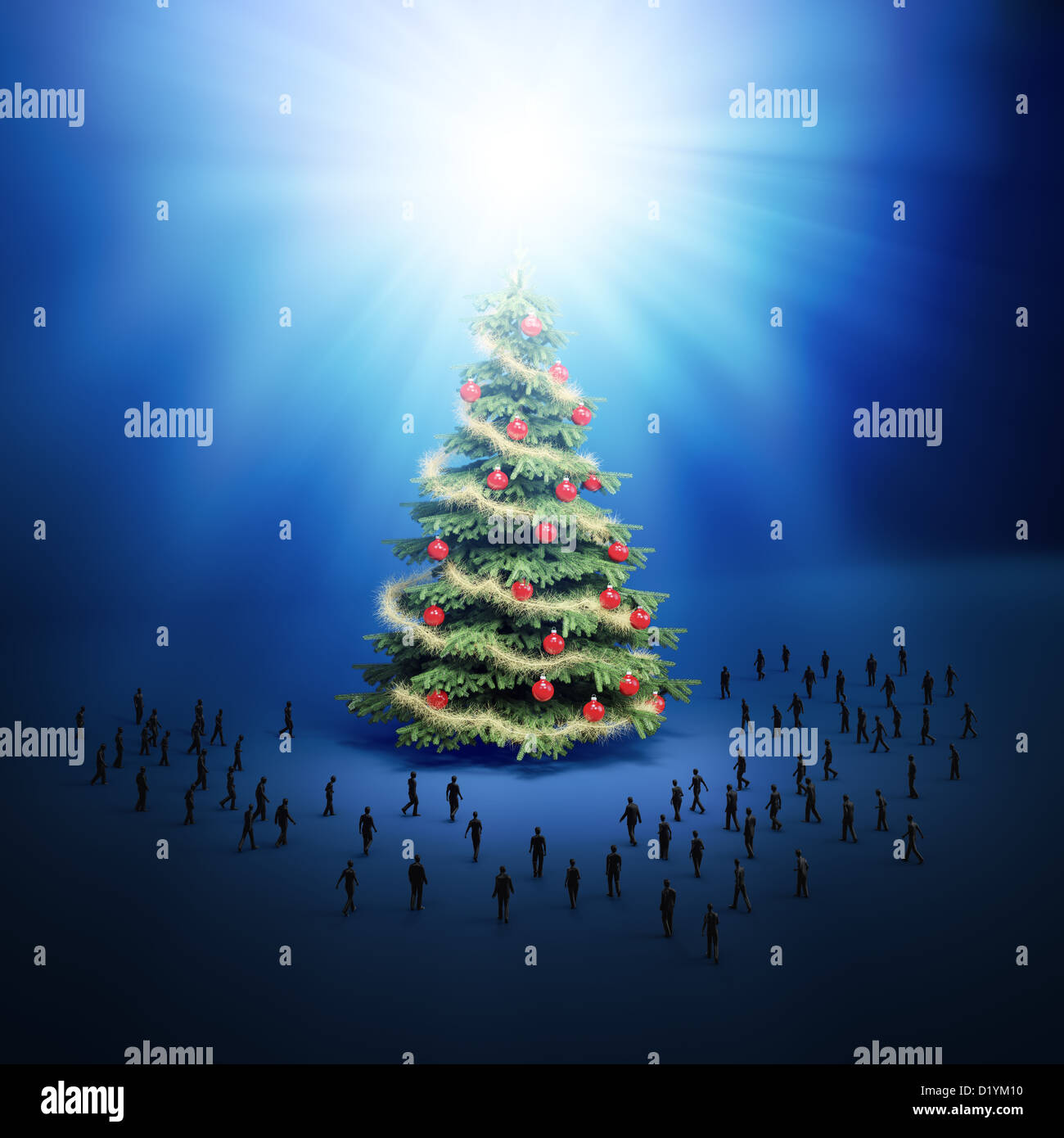 Tiny people walking in the direction of a Christmas tree Stock Photo ...