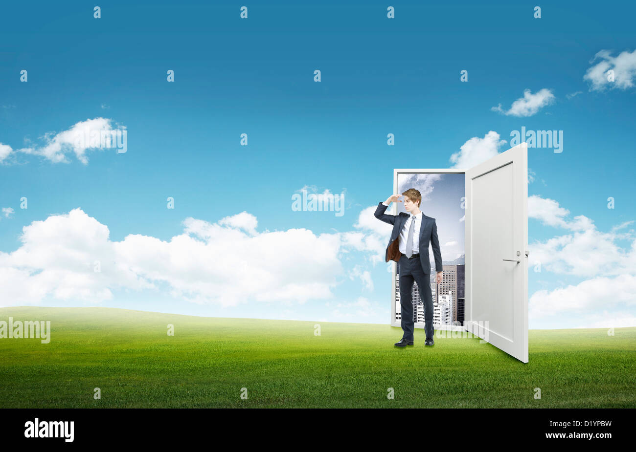 a businessman stepping out of a door to a nature Stock Photo - Alamy