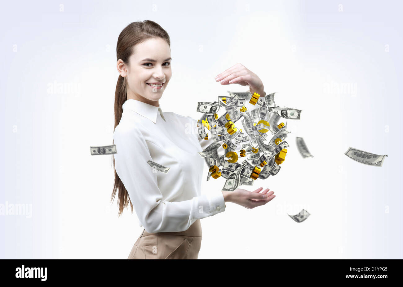 a woman with money circulating between her hands Stock Photo - Alamy