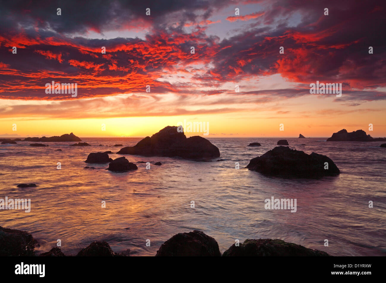 fire red sky, Sunset at Harris Beach, Brookings, Oregon, USA Stock ...