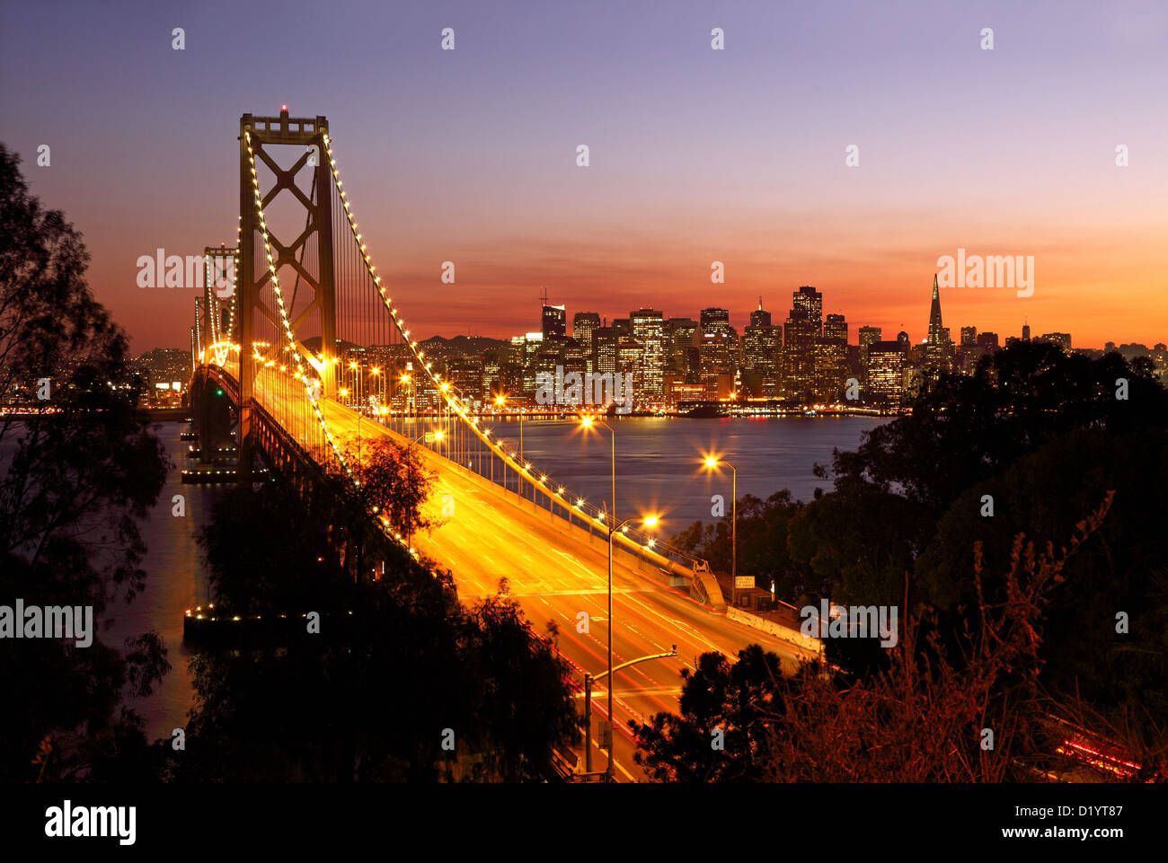 Skyline San Francisco, by night, Oakland Bay Bridge, Yerba Buena Island ...
