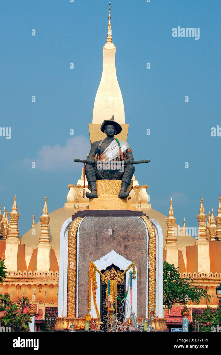 Statue of King Setthathirat in front of The National Monument of Pha ...