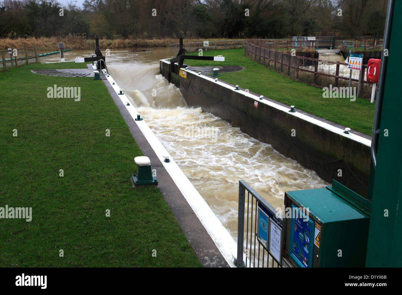 Image of the flooded river Nene at Elton Mere lockgate sluices, Elton ...