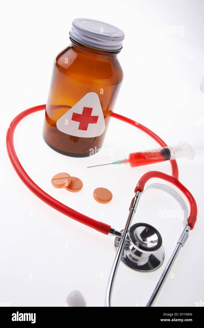 stethoscope with other medicine and injection needle Stock Photo - Alamy