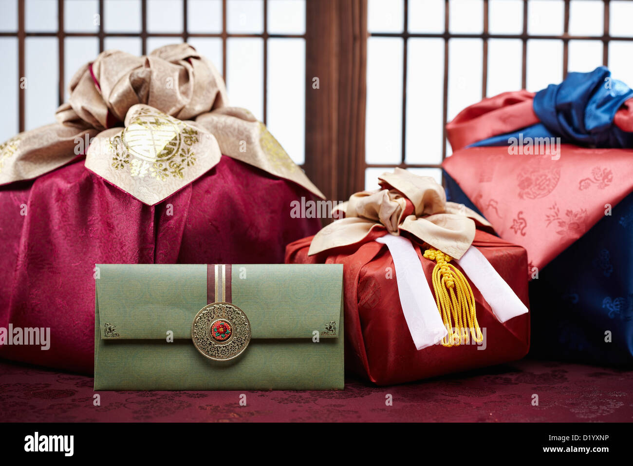 Korean traditional envelope and packages in front of Korean traditional ...
