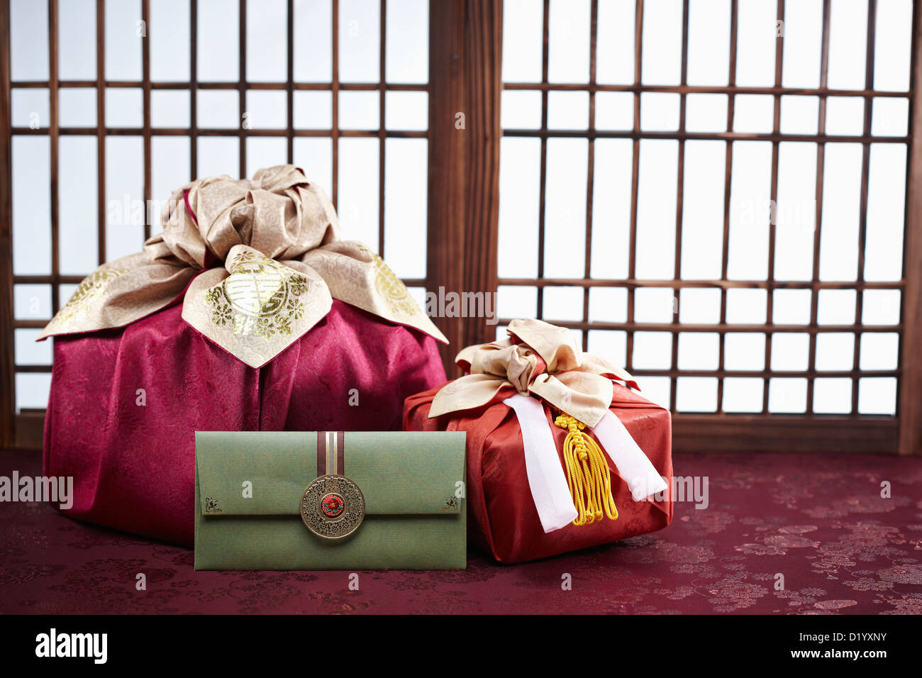 Korean traditional envelope and packages in front of Korean traditional ...