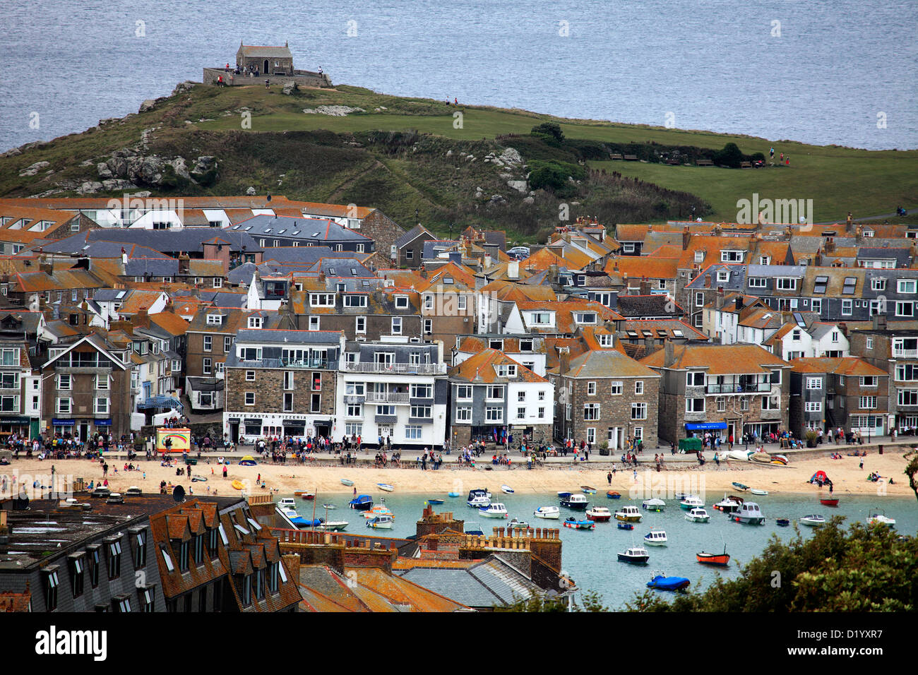 Summer Seafront, harbour and beach view, St Ives town, St Ives Bay ...
