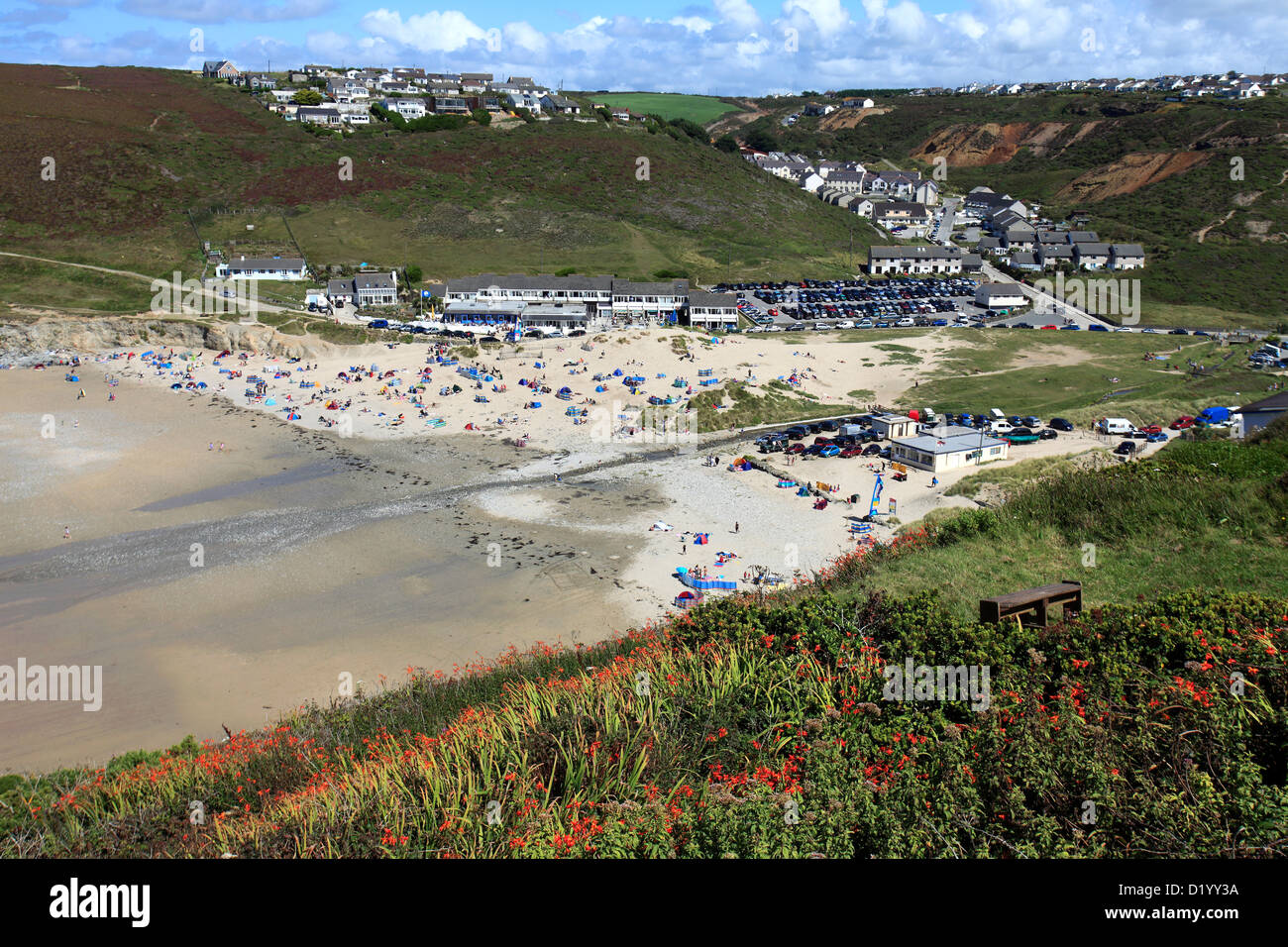 View of the surfing beach, Porthtowan village, Cornwall, England, UK ...
