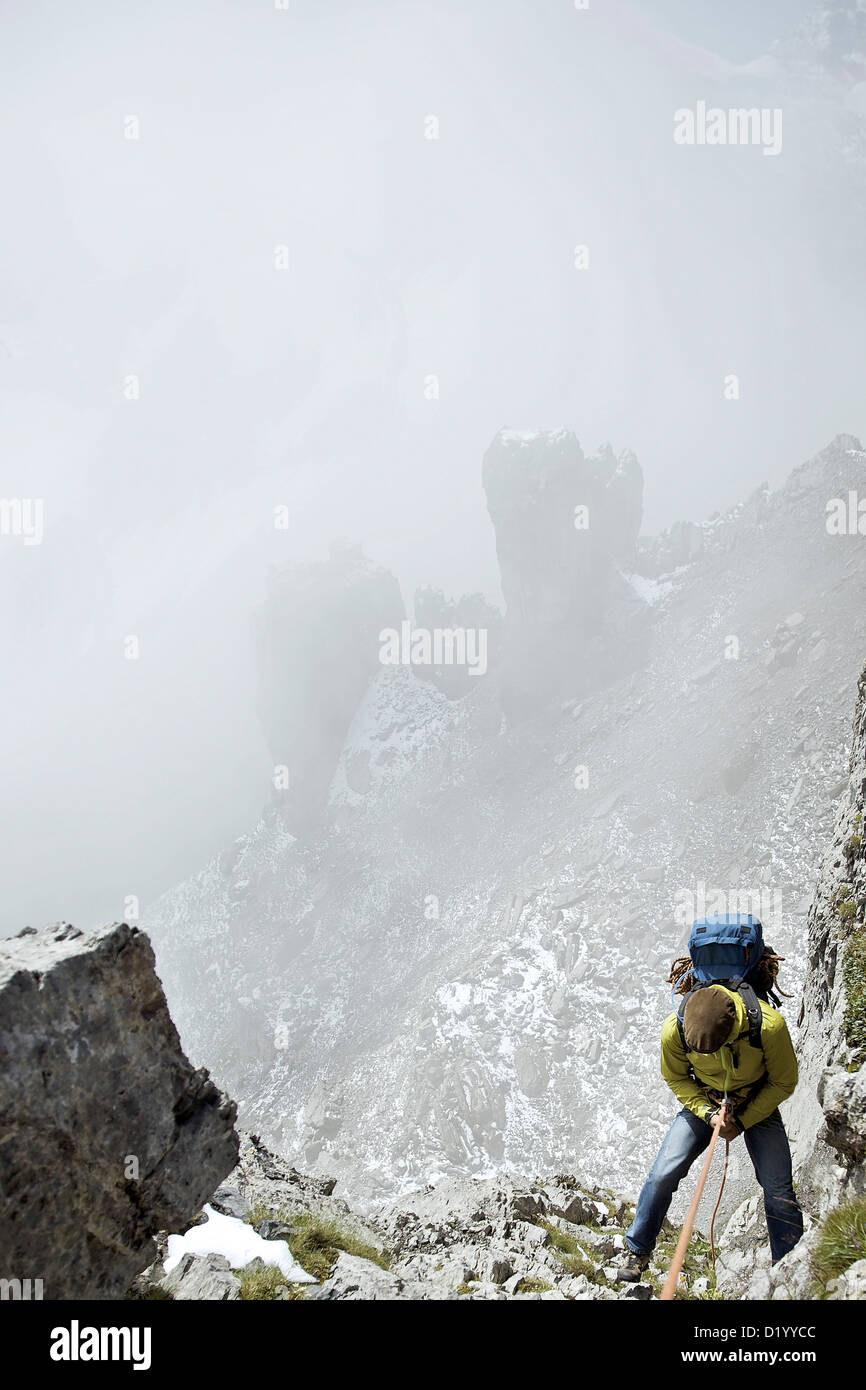 Climber abseiling, Schilthorn, Bernese Oberland, Canton of Bern ...