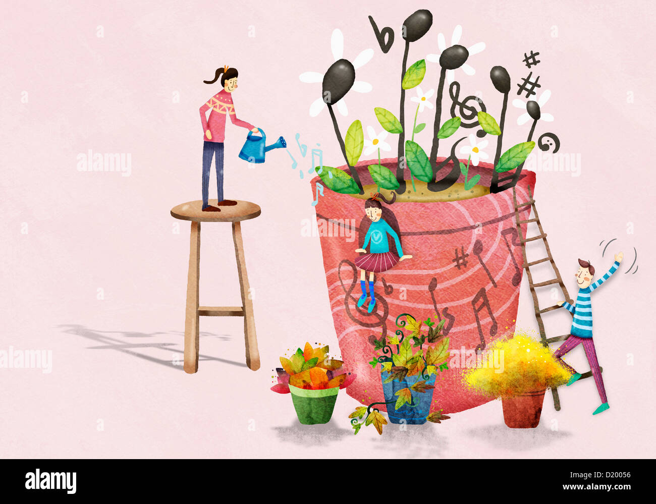 people watering a big pot with notes Stock Photo - Alamy