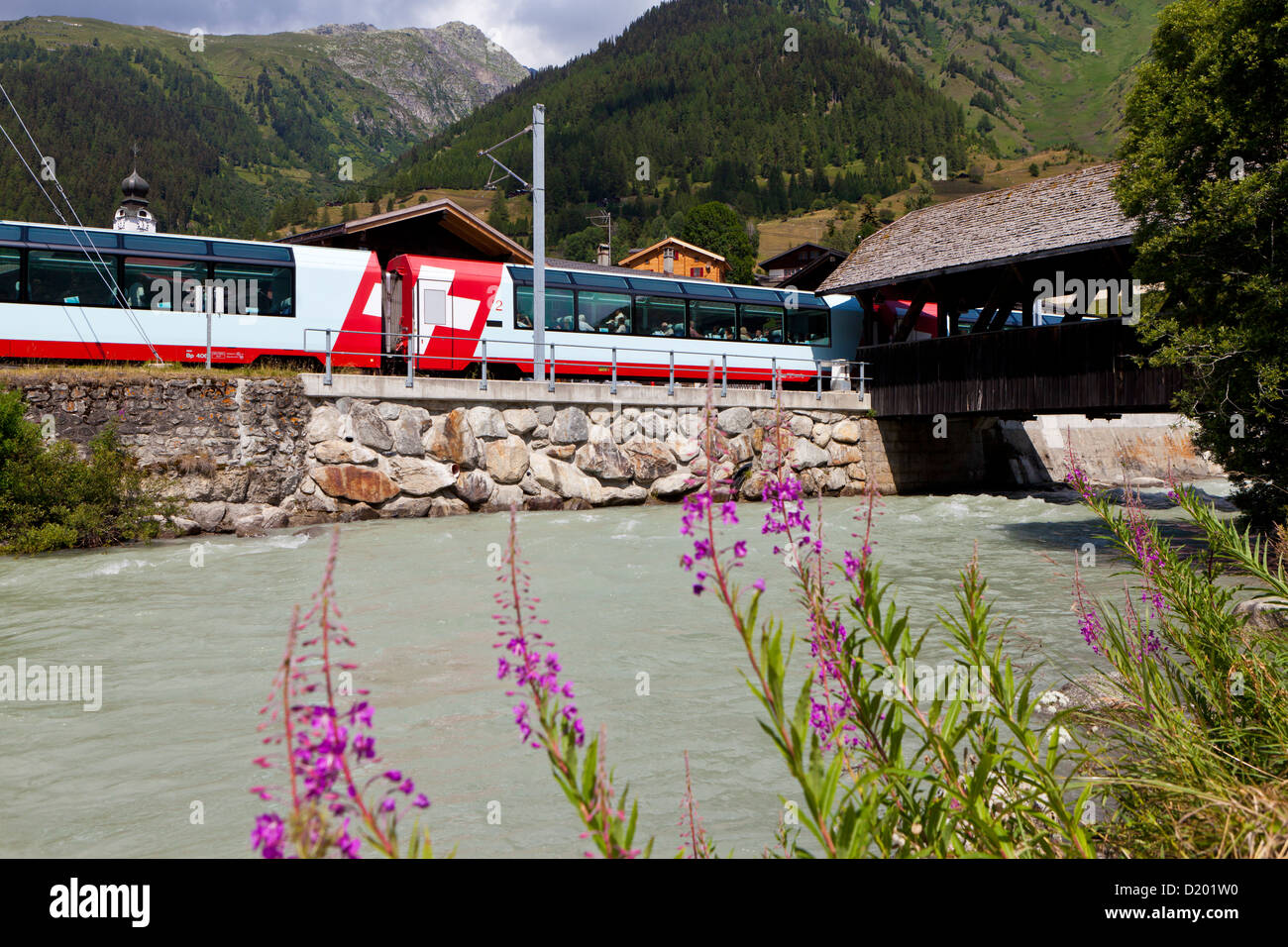 Train of the Glacier Express in Reckingen, Goms, Wallis, Valais ...