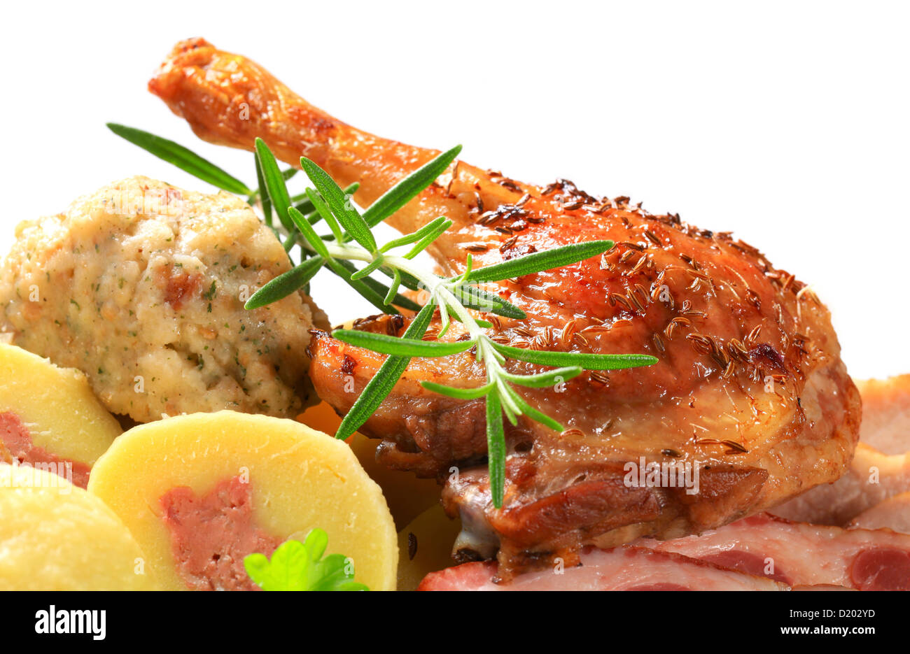 Dish of roast duck leg with dumplings Stock Photo - Alamy