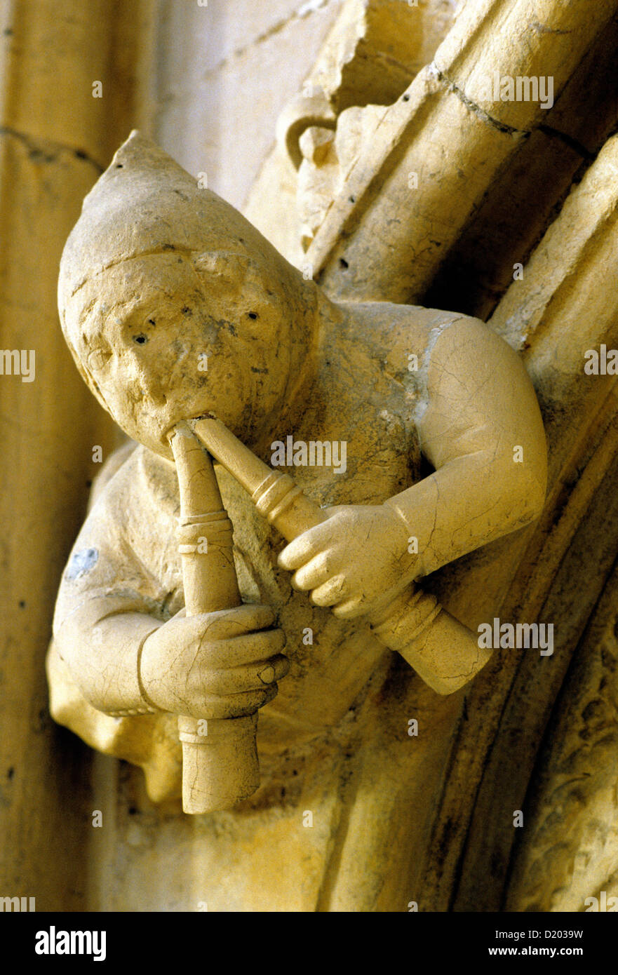 Beverley Minster, Medieval carved stone Musician, 2 horns, musical ...