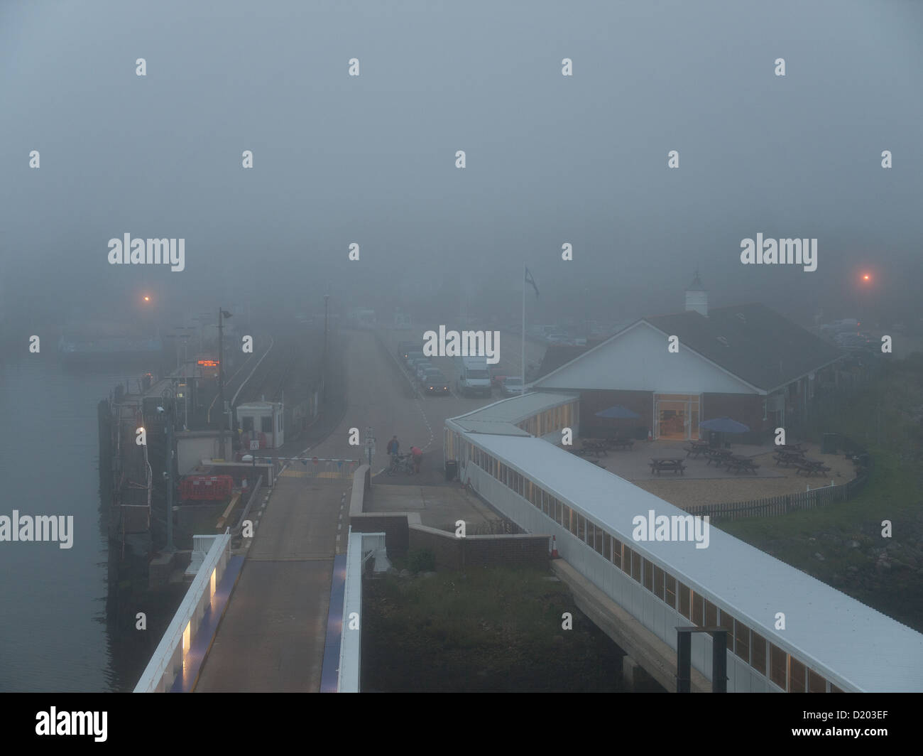 Wightlink car ferry terminal shrouded in fog at Lymington Hampshire ...