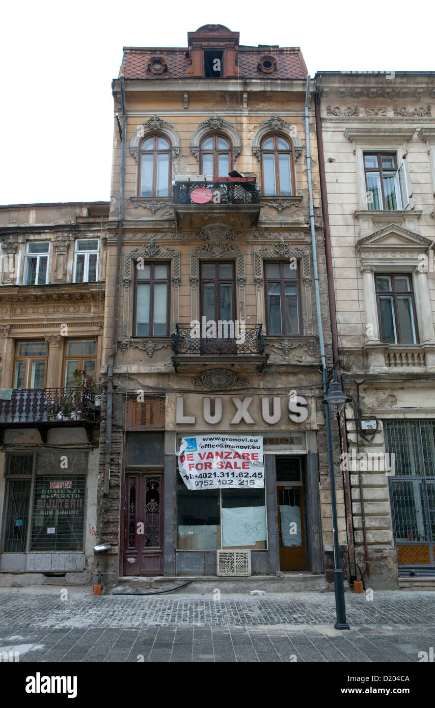 Bucharest, Romania, unrenovated house facade in the old town with the ...
