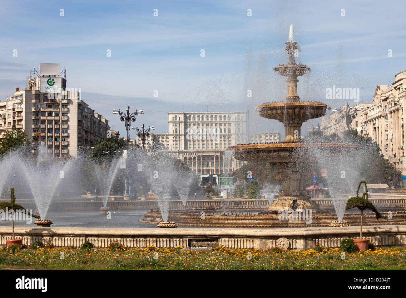 Bucharest, Romania, the place of unity with a fountain and a view ...