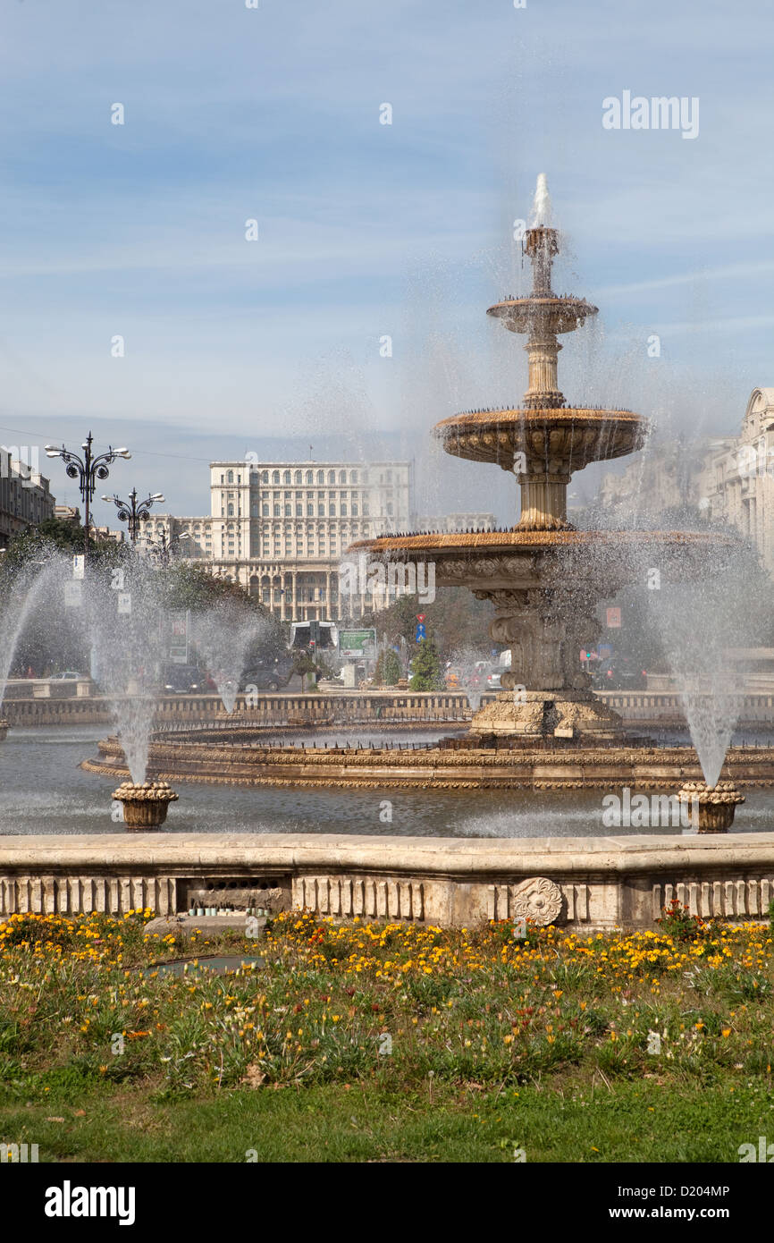 Bucharest, Romania, the place of unity with a fountain and a view ...