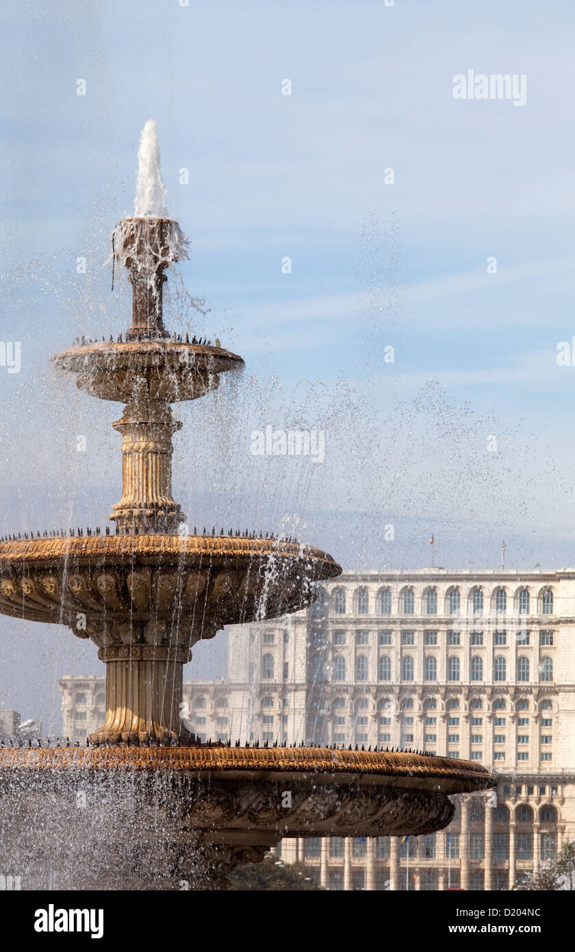 Bucharest, Romania, the place of unity with a fountain and a view ...