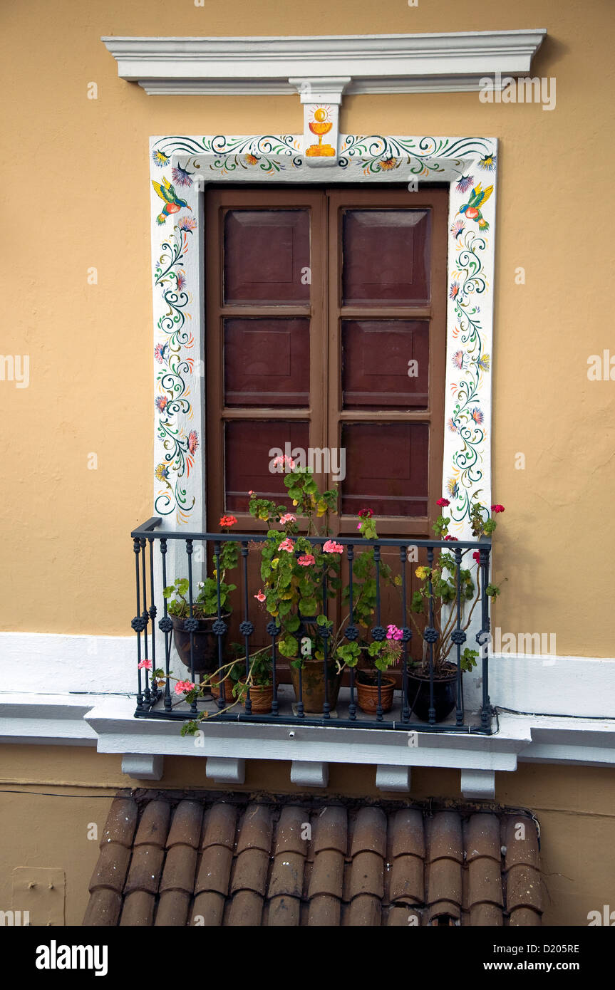 A decorated window adorns a colonial house in the historic centre of ...
