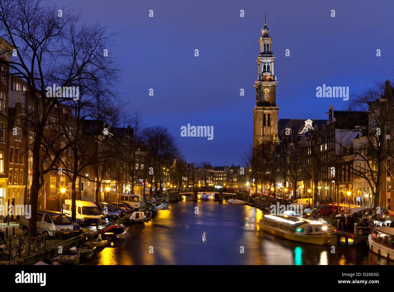 Westerkerk church tower on Prinsengracht at night, Amsterdam ...