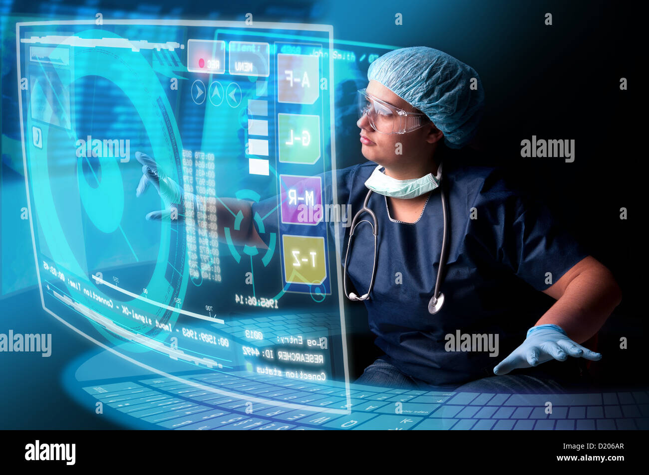 Doctor in uniform with X-rays and digital screens and keyboard Stock ...