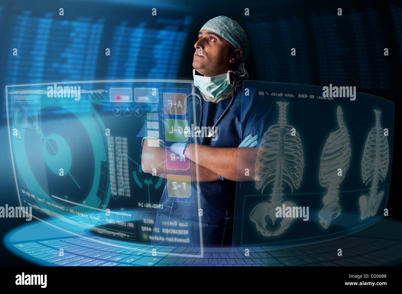 Doctor in uniform with X-rays and digital screens and keyboard Stock ...