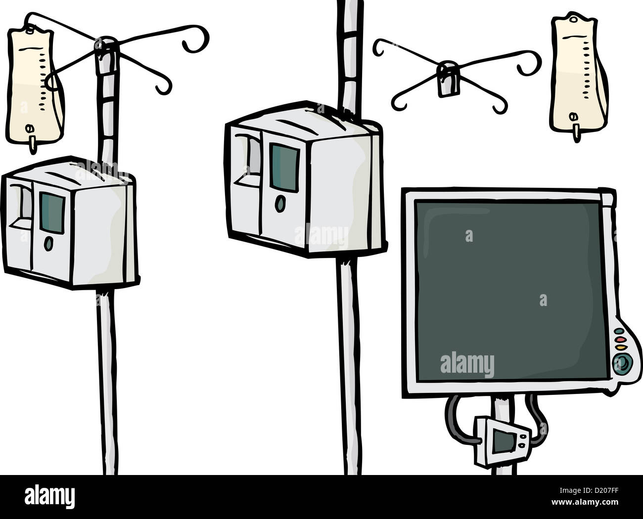 Intravenous drip objects and heart rate monitor over white background ...