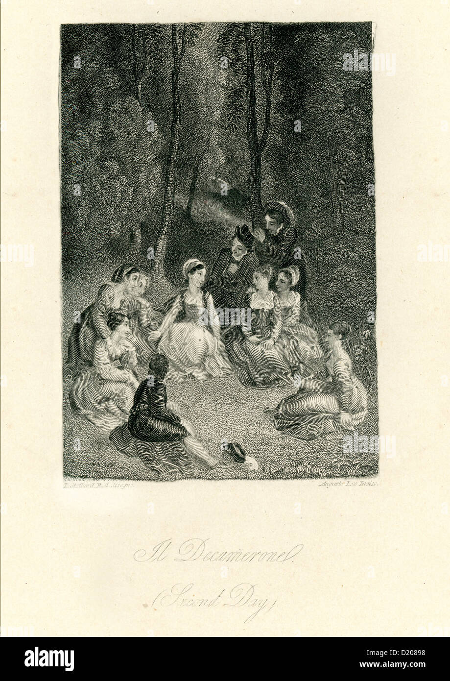 Engraving showing the Tenth day of the Decameron. The Decameron is a ...