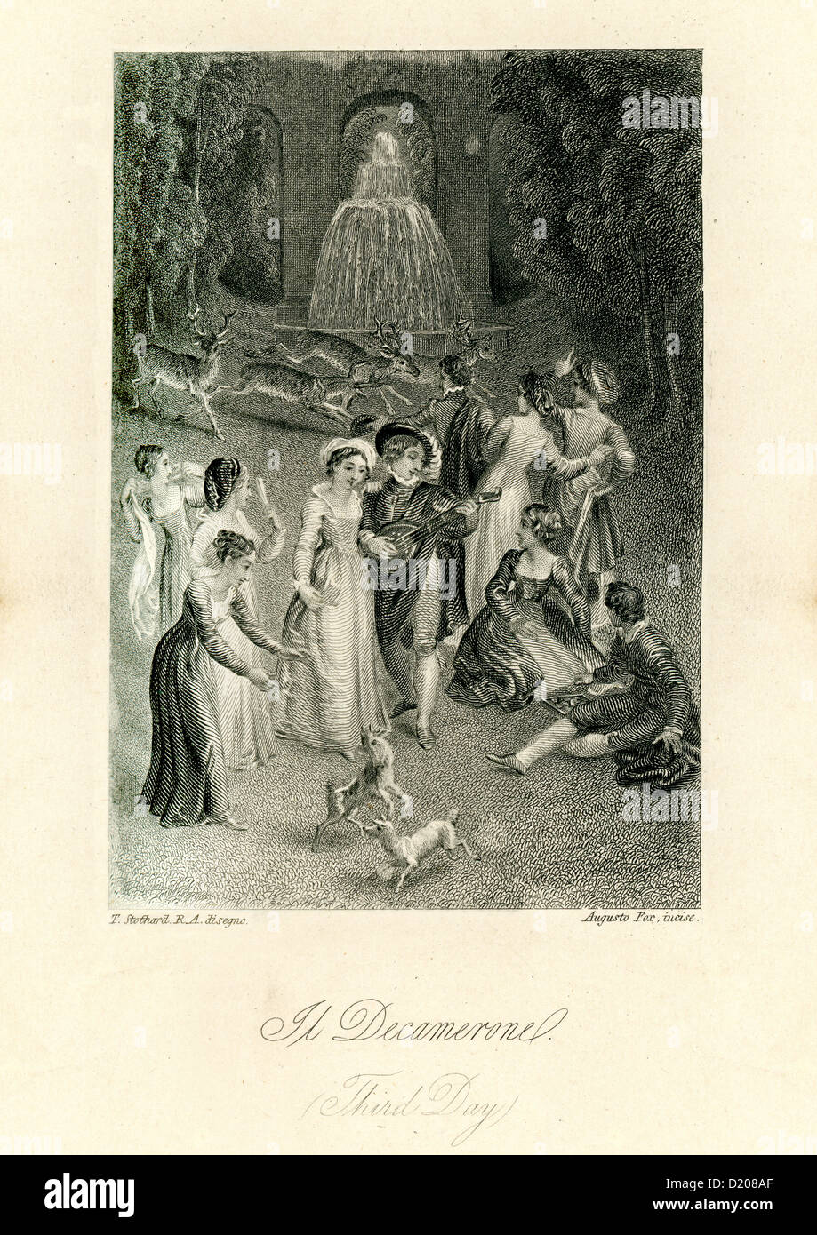 Engraving showing the Tenth day of the Decameron. The Decameron is a ...