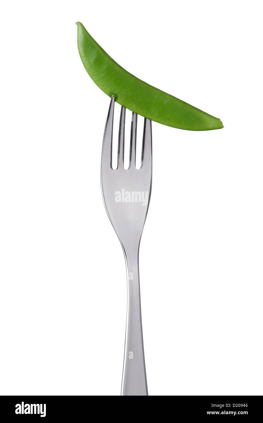 fresh green mangetout pea pod on a fork isolated against white ...