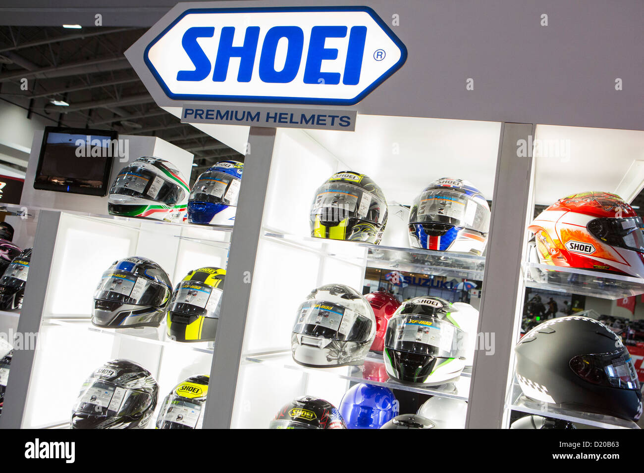 Shoei motorcycle helmets on display at the Washington Motorcycle Show ...