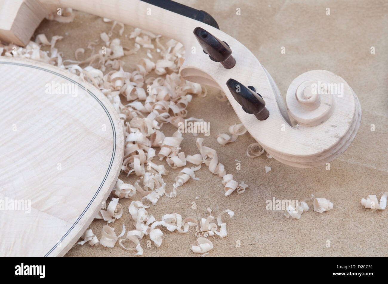 Italy, Lombardy, Cremona, Violin Maker Worshop, Close up of Violin ...