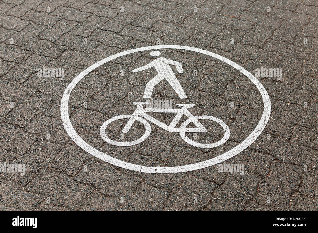 A painted graphic sign lets cyclists and pedestrians know that the ...
