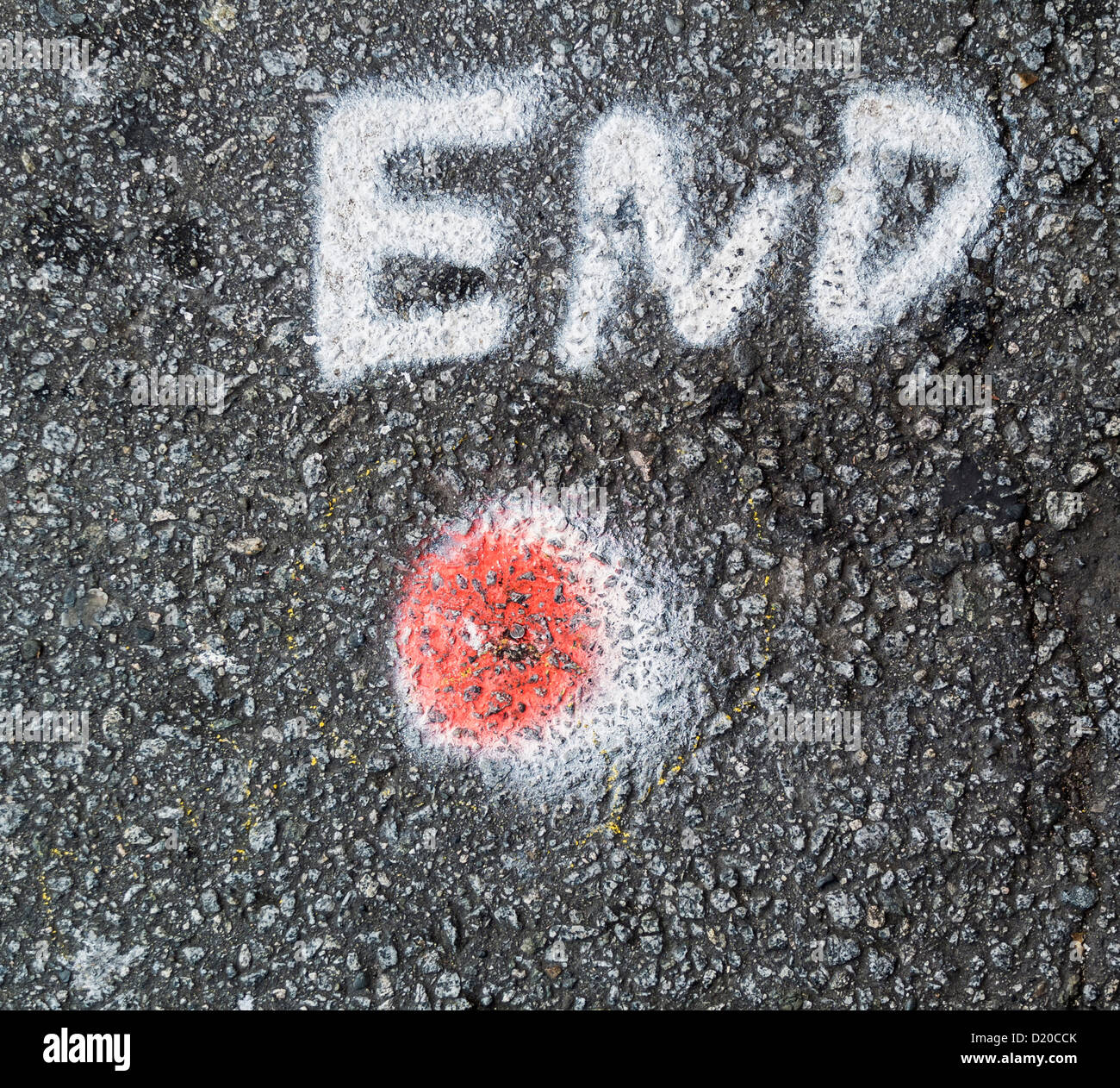 A City of Vancouver engineering survey crew leaves an "END" mark on one ...
