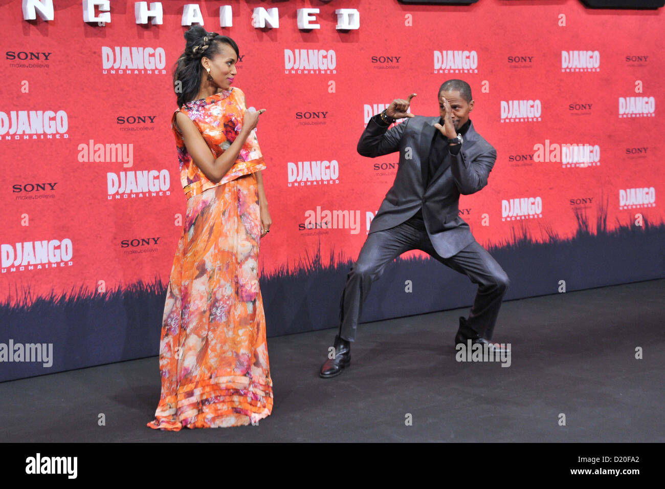 Actress Kerry Washington and Jamie Foxx attend to the premiere of the film 'Django Unchained' at ...