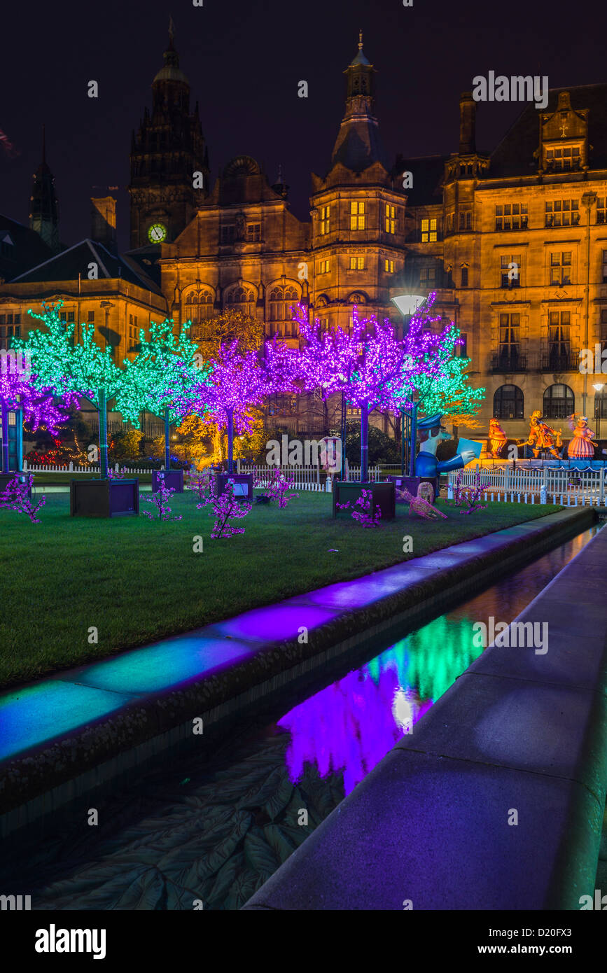 Sheffield town hall and Peace Gardens lit up for Christmas 2012 with ...