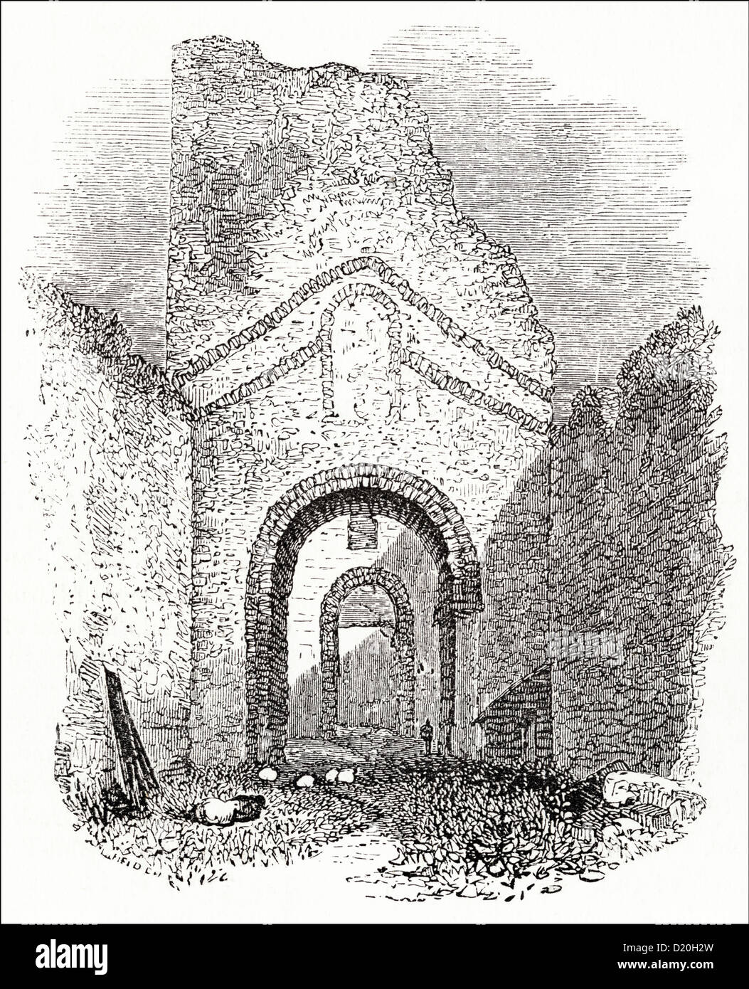 Ruins of Roman church in Dover Castle. Victorian woodcut engraving ...
