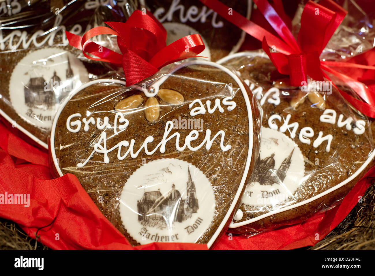 Gingerbread hearts depicting the Aachen cathedral, Aachen, North Rhine ...