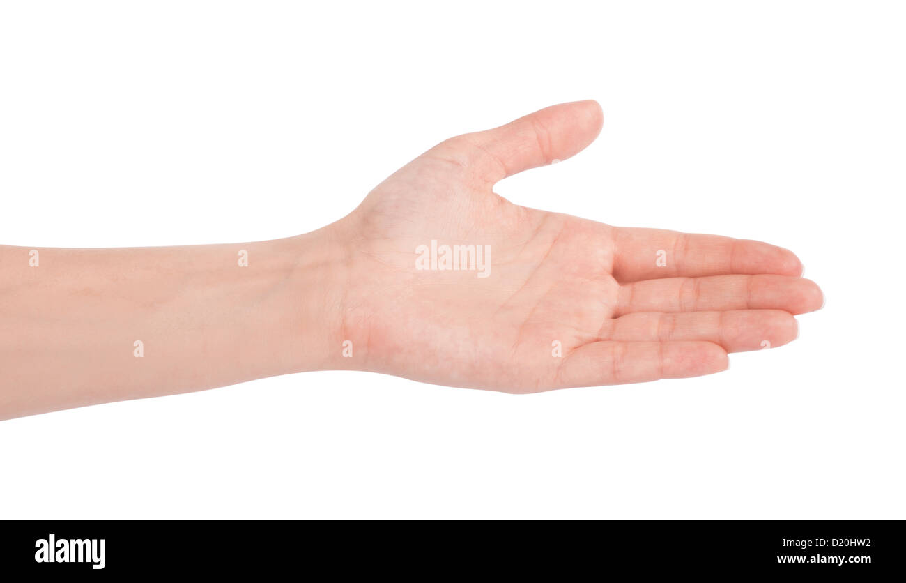 Empty open woman hand on white background Stock Photo - Alamy