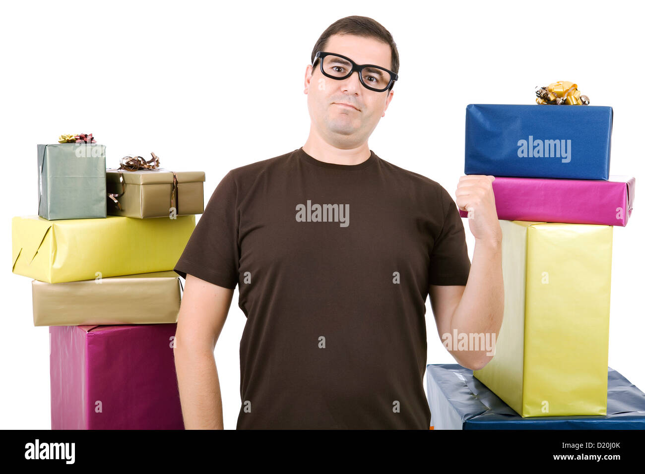 happy silly salesman with some boxes, isolated on white Stock Photo - Alamy