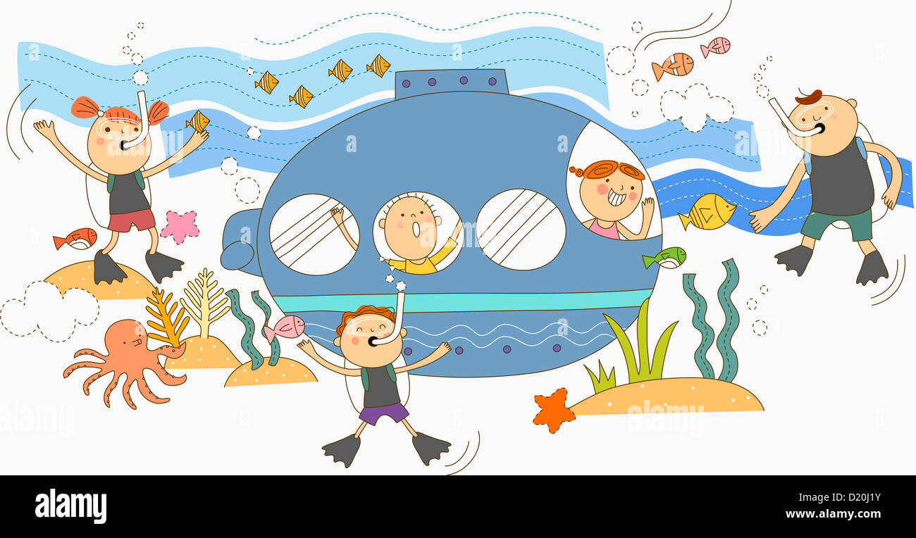 children playing under the sea by taking a submarine and snorkeling ...