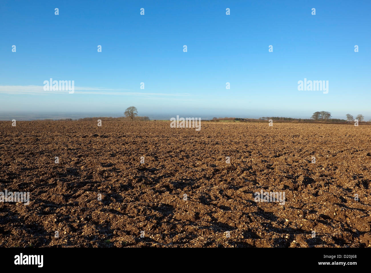 Patterns and textures of chalky plow soil and distant hedgerows of a ...