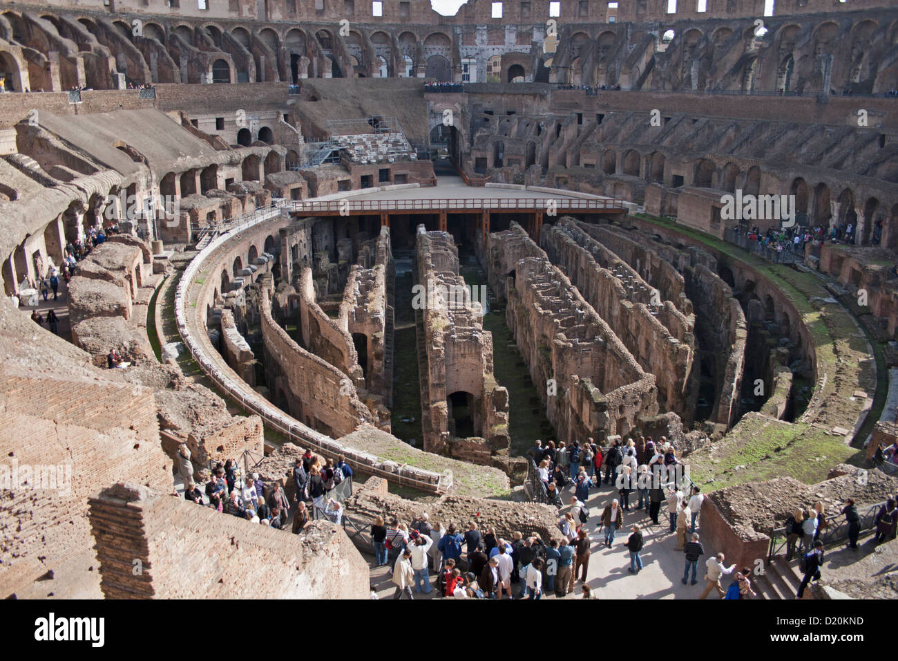 Wide shot of Colosseum, Rome, showing remains of spectator stands and ...