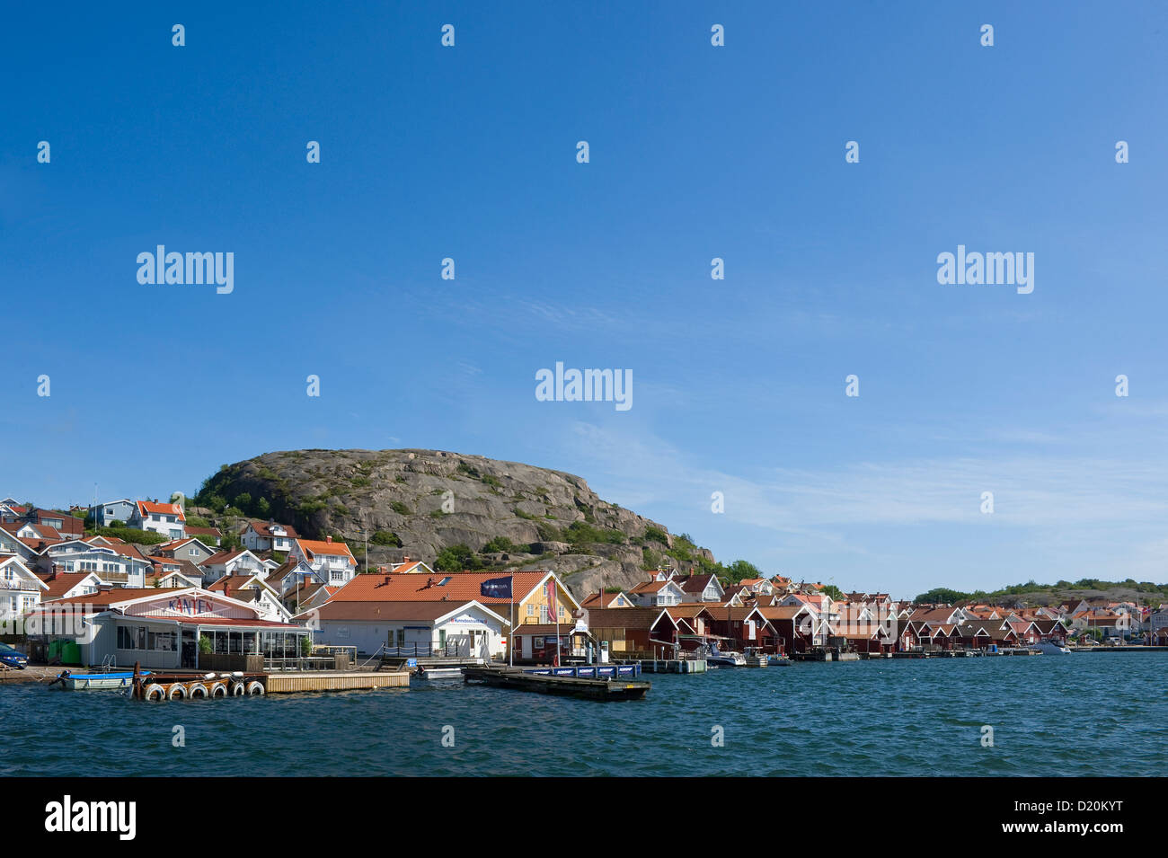 View of the houses of Hunnebostrand on the waterfront, Bohuslan, Vastra ...